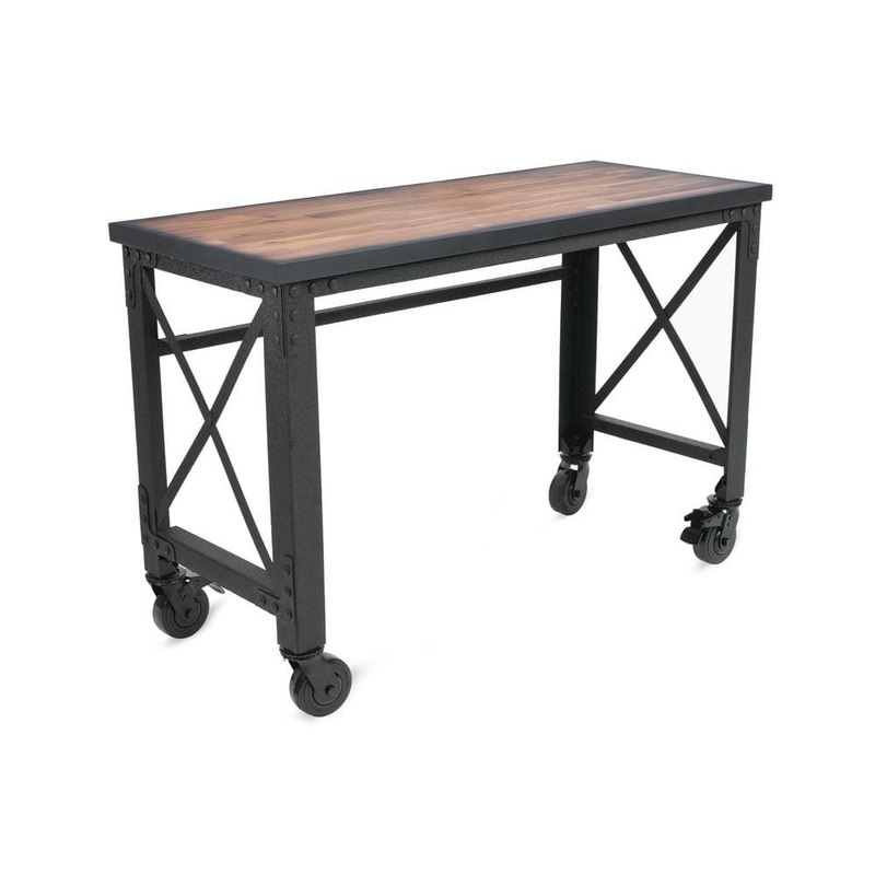 52 in. x 24 in. Rolling Industrial Worktable Desk with Solid Wood Top ...